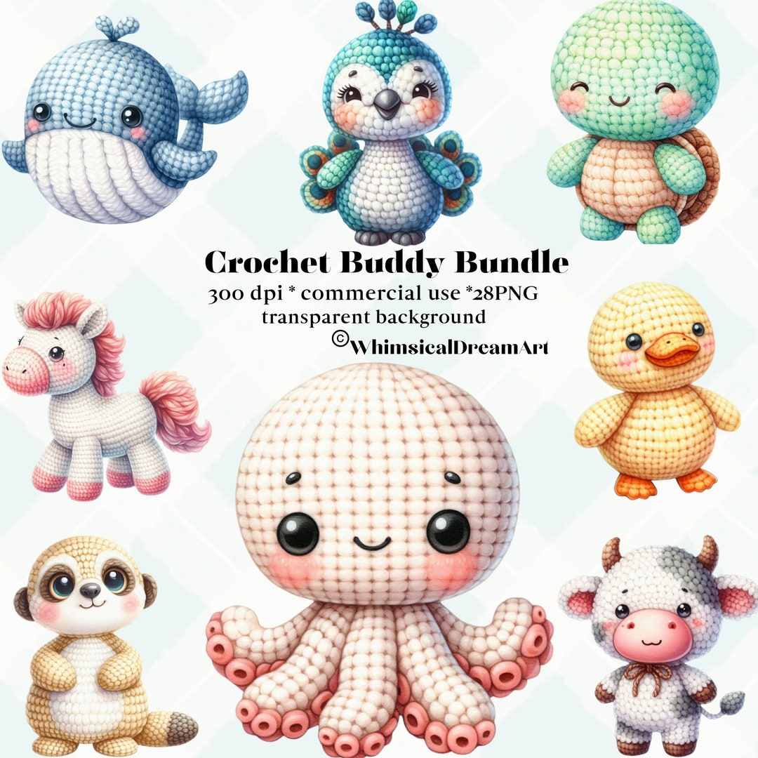 28 Watercolor Crochet Buddy Animal Clipart PNG Bundle, Baby Animal ...
