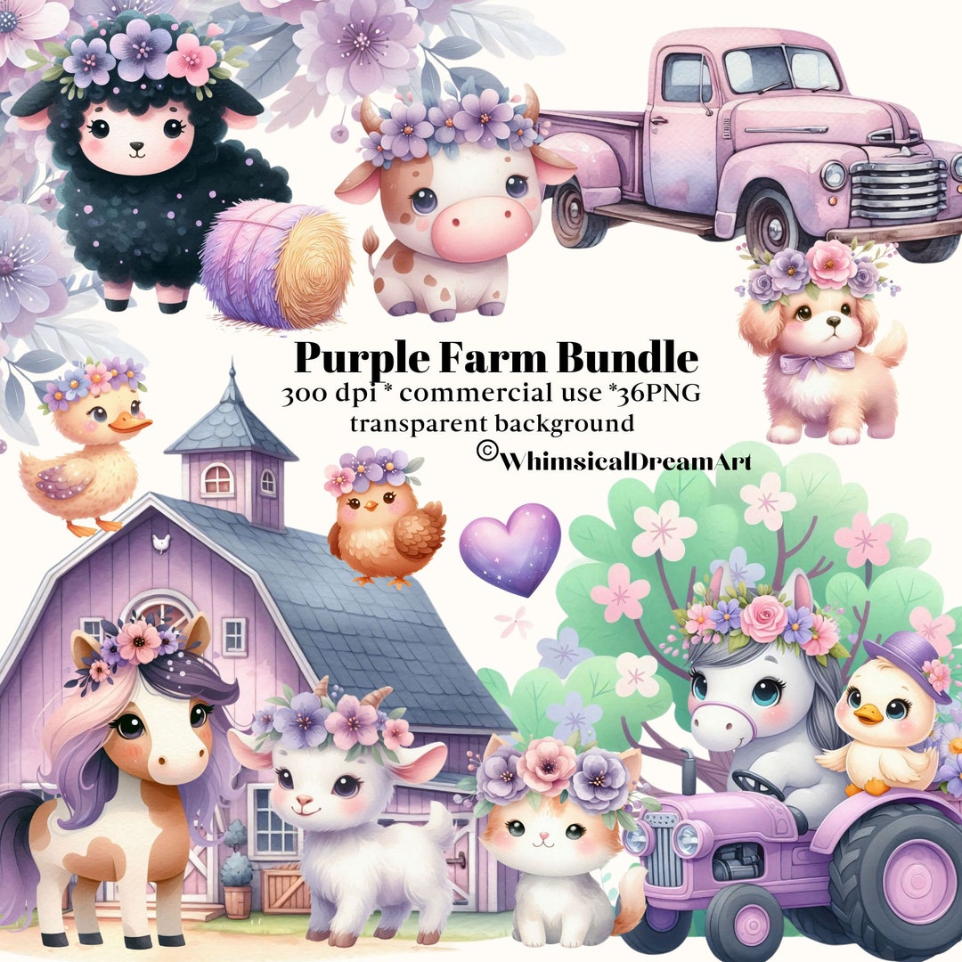 45 Watercolor Purple Farm Animal Clipart - Cute Chickens, Chicks ...