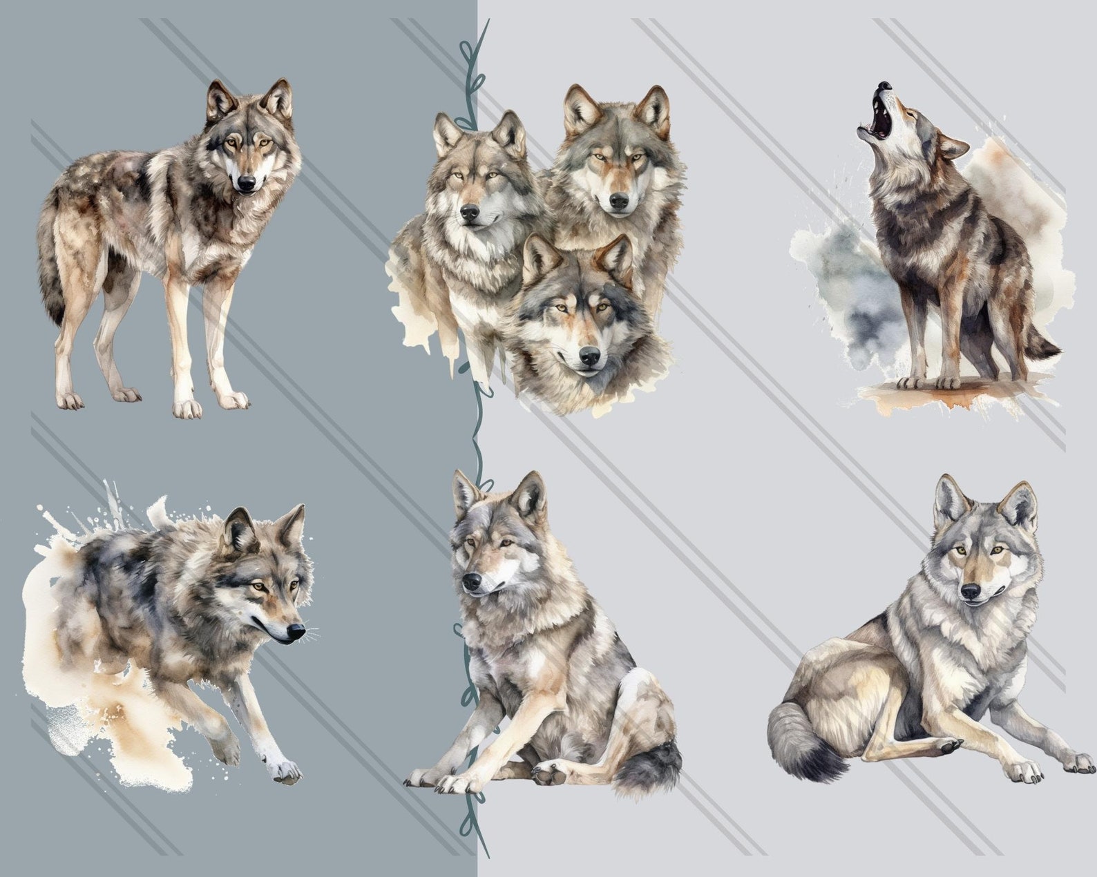 24 Wolf PNG Collection , Watercolor Wolves Pack, Wolf Pack, Wolf ...
