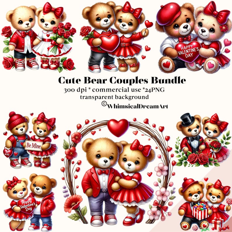 Valentine Bear Couple Clipart, Romantic Animals (24 PNG) - Etsy