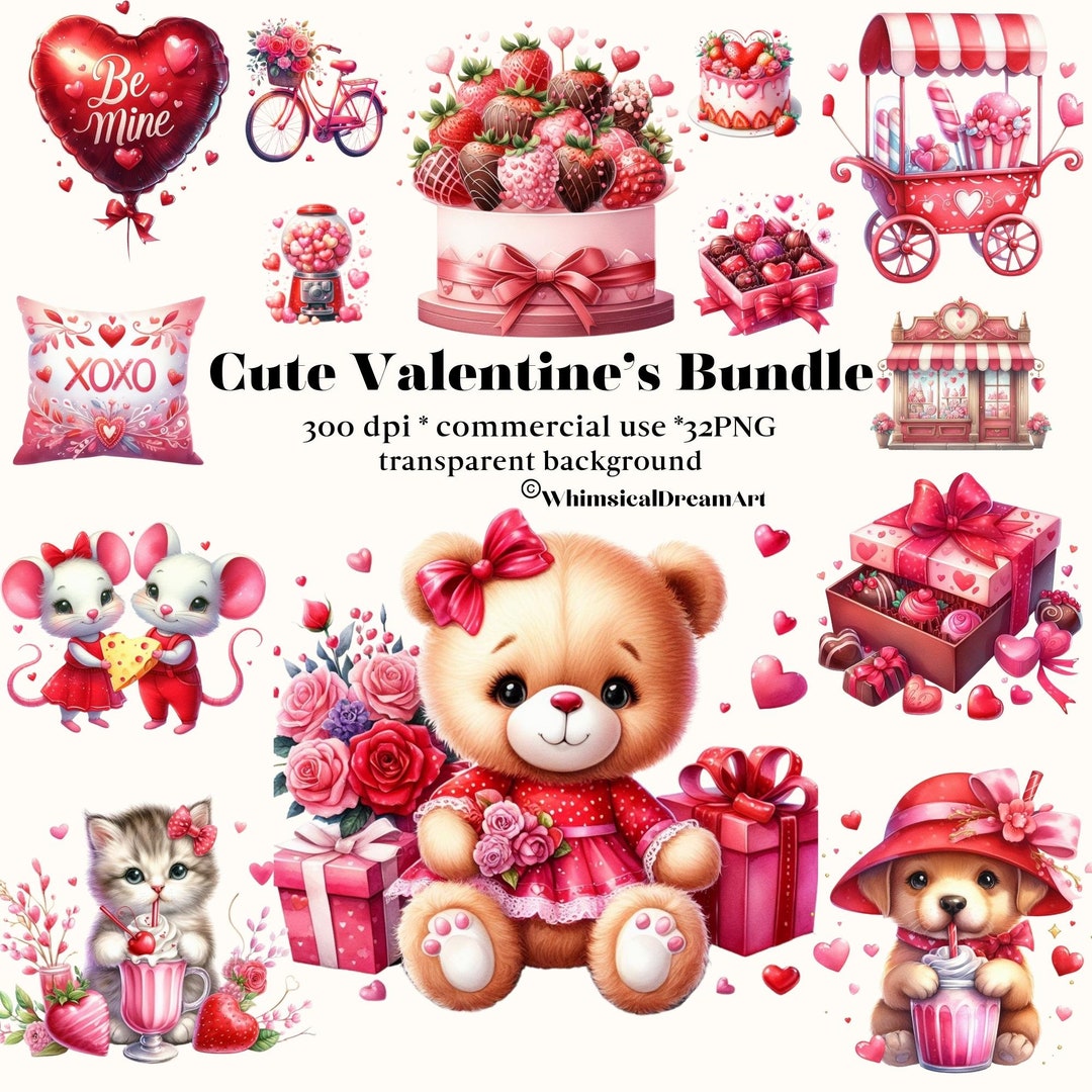 32 Watercolor Cute Valentines Candy Shop Clipart PNG, Valentines Day ...