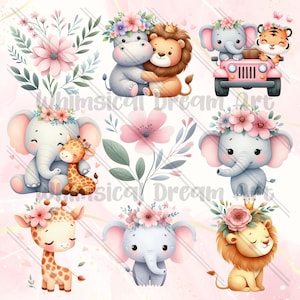 45 Watercolor Pink Safari Animal Clipart PNG Bundle, Baby Animal, Girl ...