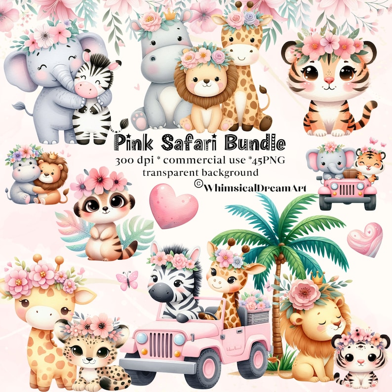 45 Watercolor Pink Safari Animal Clipart PNG Bundle, Baby Animal, Girl ...