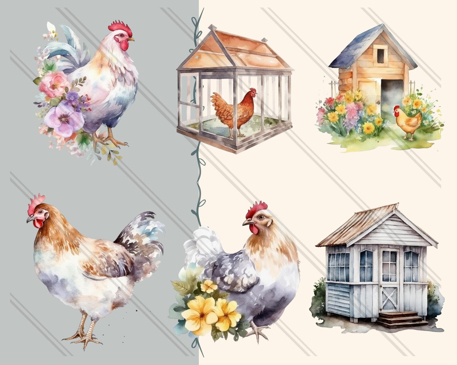 24 Watercolor Chicken Clipart Bundle - Cute Flower Chicken and Chicks ...