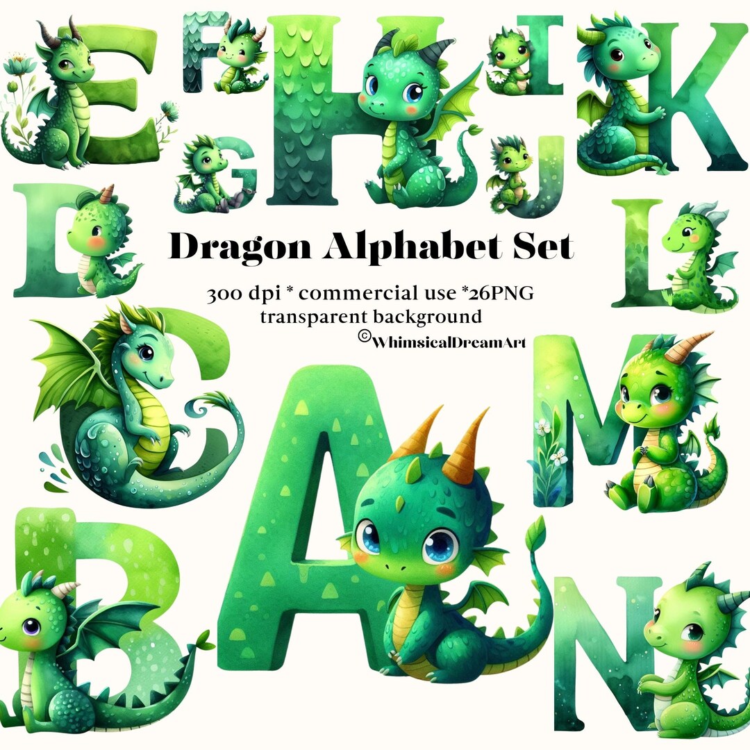 Green Dragon Clipart Decorative Letters, Uppercase Alphabet Set ...