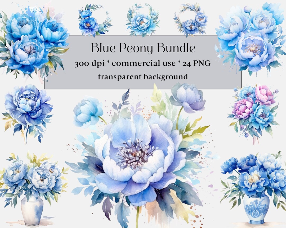 24 Watercolor Blue Peony Clipart - Peonies in PNG, Floral Clip Art ...