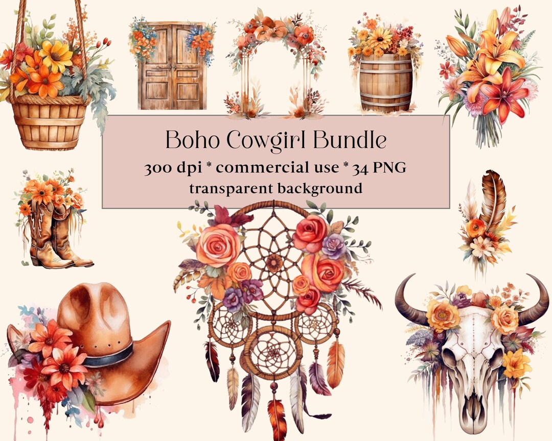 34 Watercolor Western Boho Clipart- Cowgirl Floral Wedding PNG Format ...