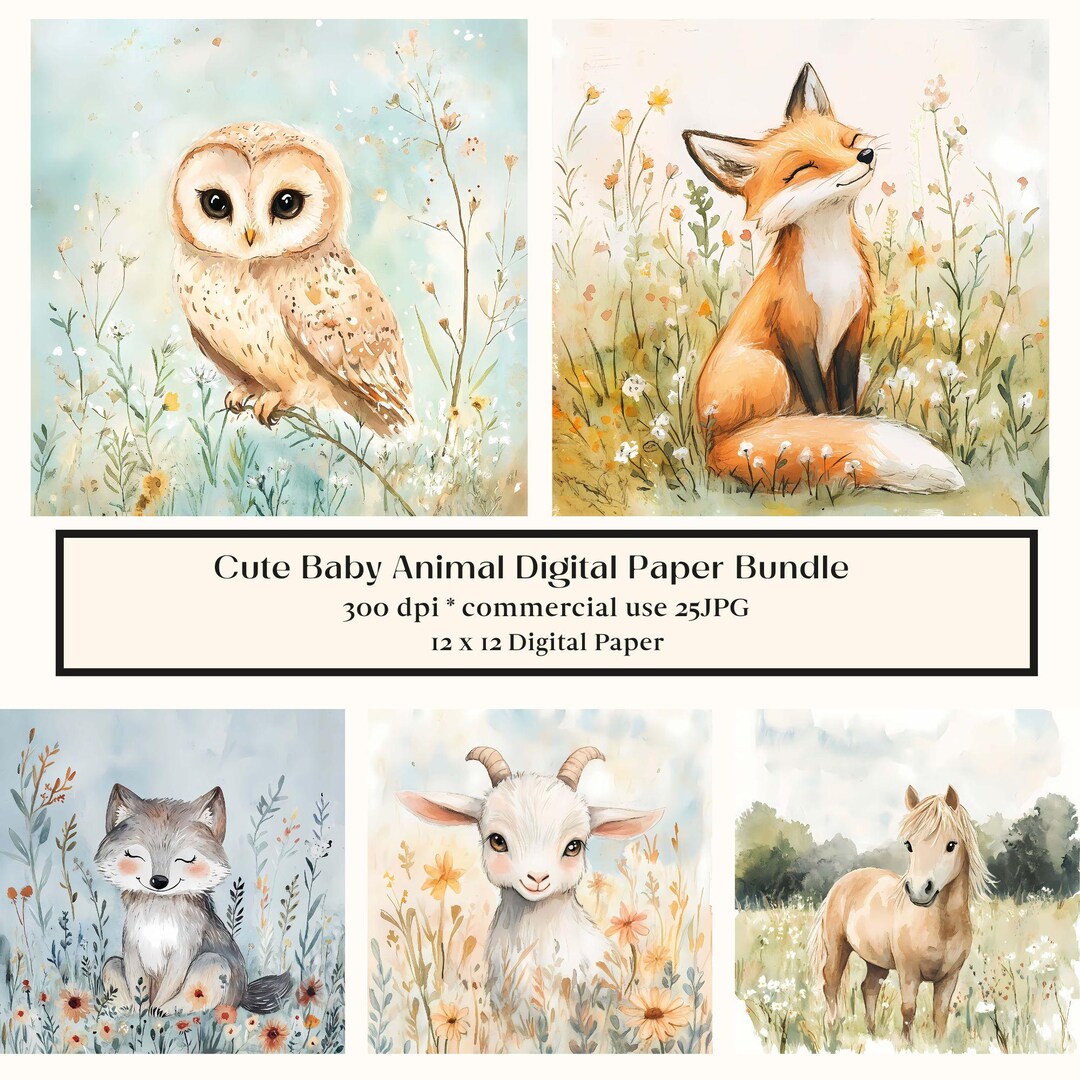 25 Cute Baby Animal Paper Bundle, Enchanted Forest Junk Journal ...