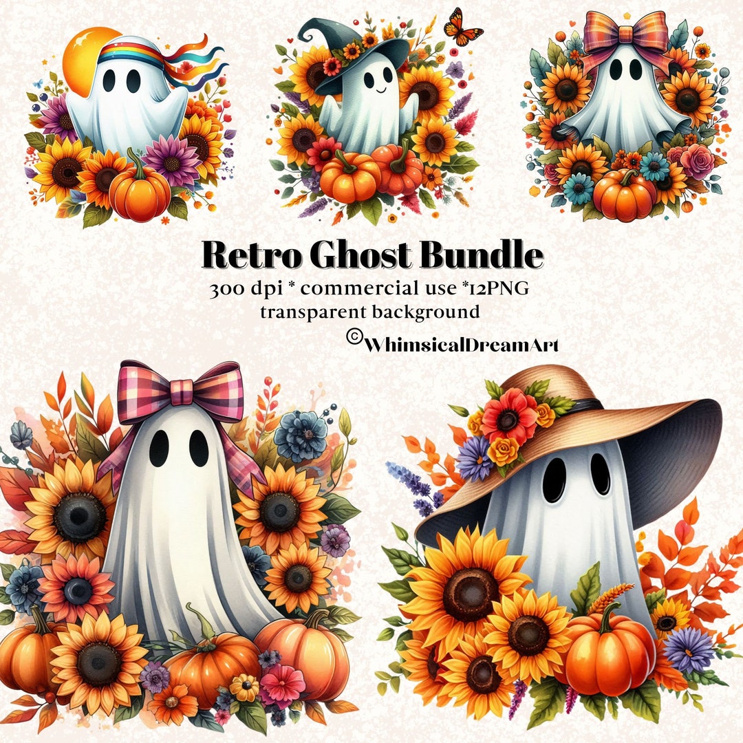 12 Watercolor Cute Retro Ghost Collection Clipart, Halloween Clipart ...