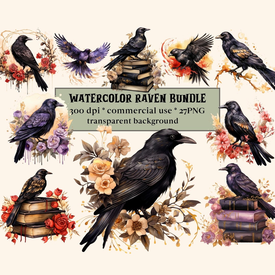 27 Celestial Ravens Clipart, Watercolor Gothic Ravens, Dark Fantasy ...