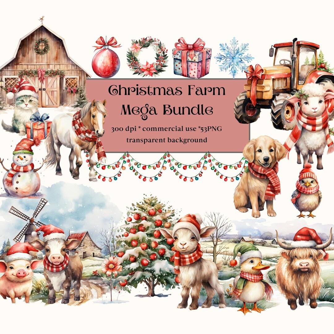 53 Christmas Farm Animals Clipart Watercolor Bundle, Commercial Use ...