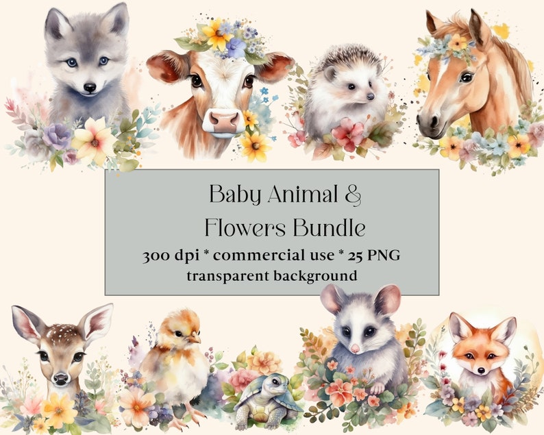 25 Watercolor Spring Flower Baby Animals Clipart Animals - Etsy