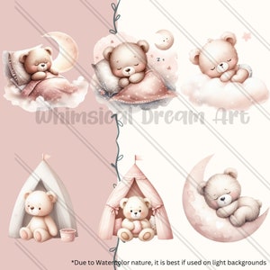 27 Watercolor Pink Sleepy Teddy Bear Clipart, Baby Shower PNG, Vintage ...