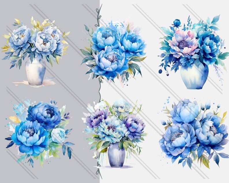 24 Watercolor Blue Peony Clipart Peonies in PNG Floral Clip - Etsy
