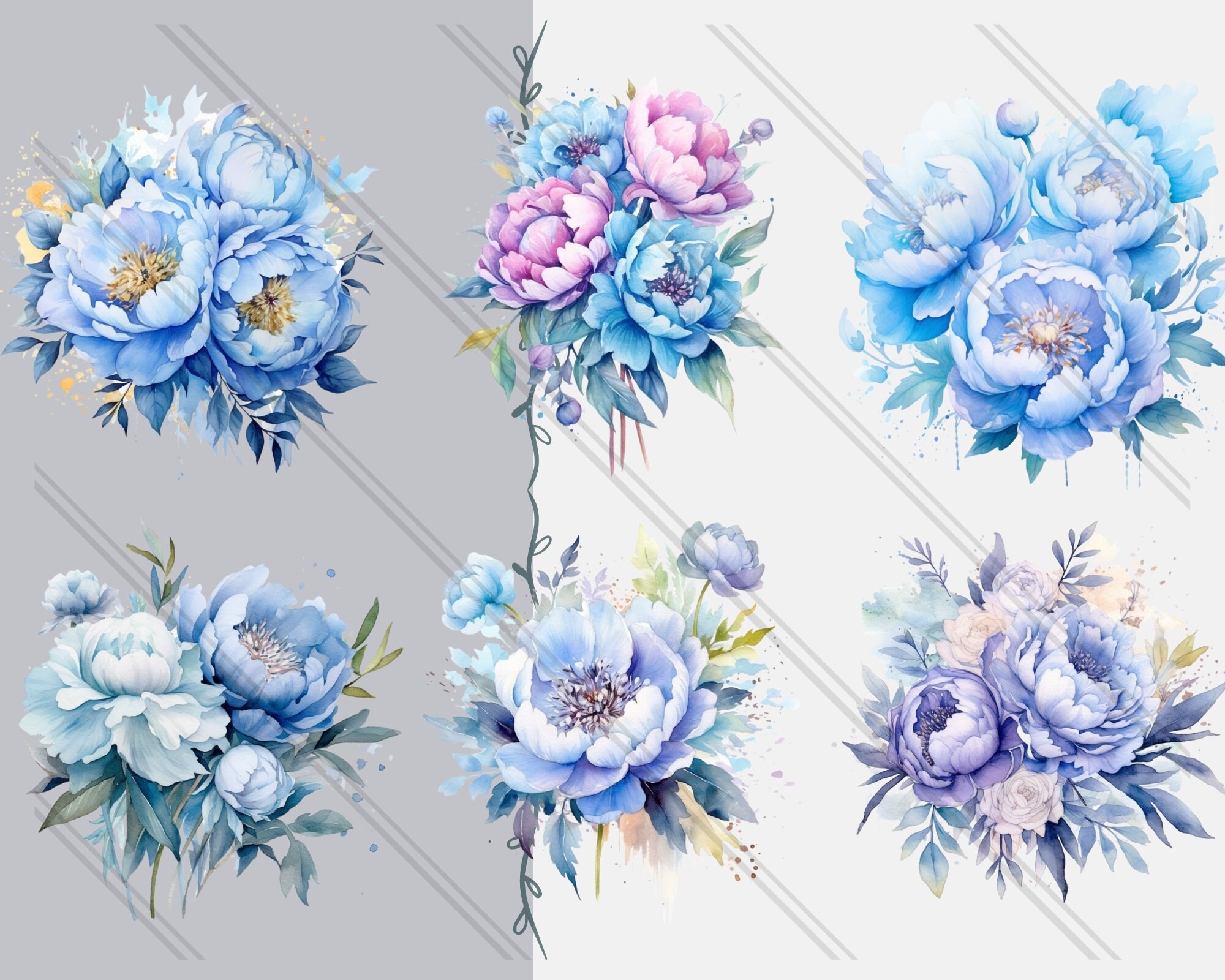 24 Watercolor Blue Peony Clipart Peonies in PNG Floral Clip - Etsy