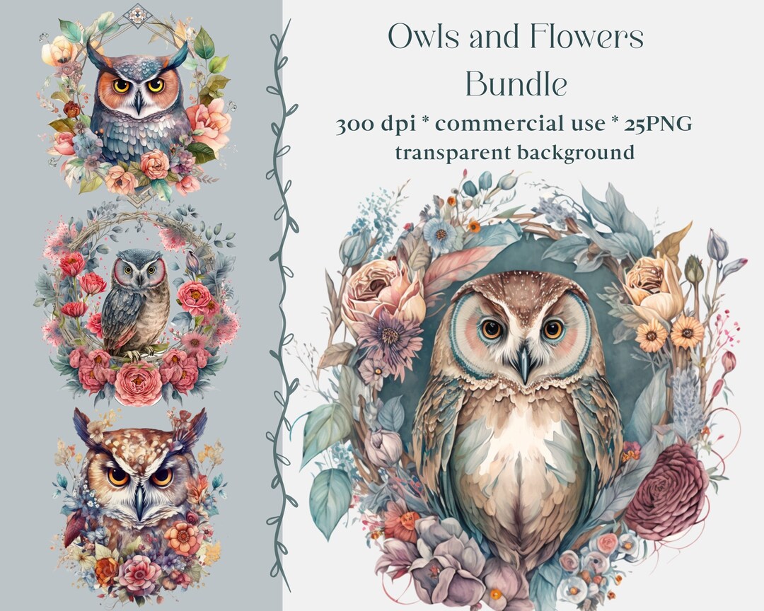 25 PNG Floral Mystical Owls, Printable Digital Image Bundle, Owl ...