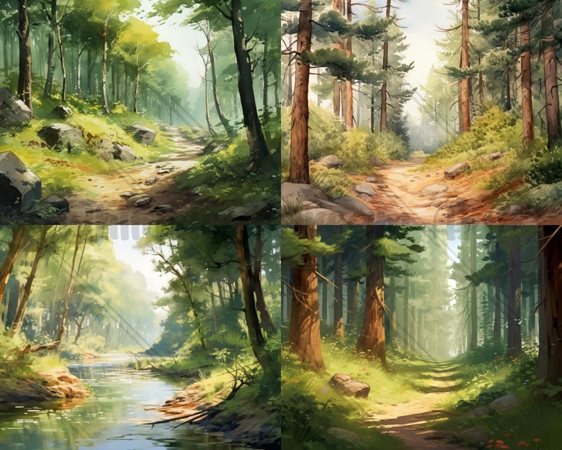 25 Forest Landscape Journal Paper, Notebook Digital Watercolor Woodland ...