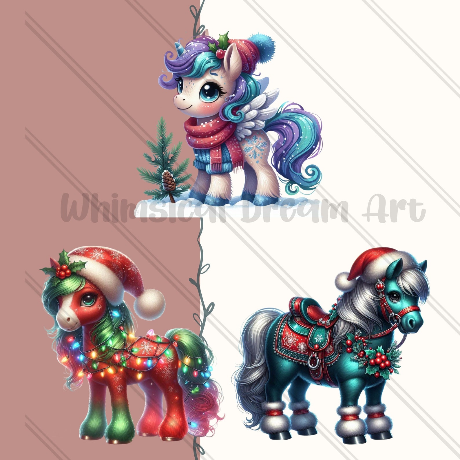 27 Christmas Ponies PNG Collection, Horse Clipart Set, Watercolor Horse ...