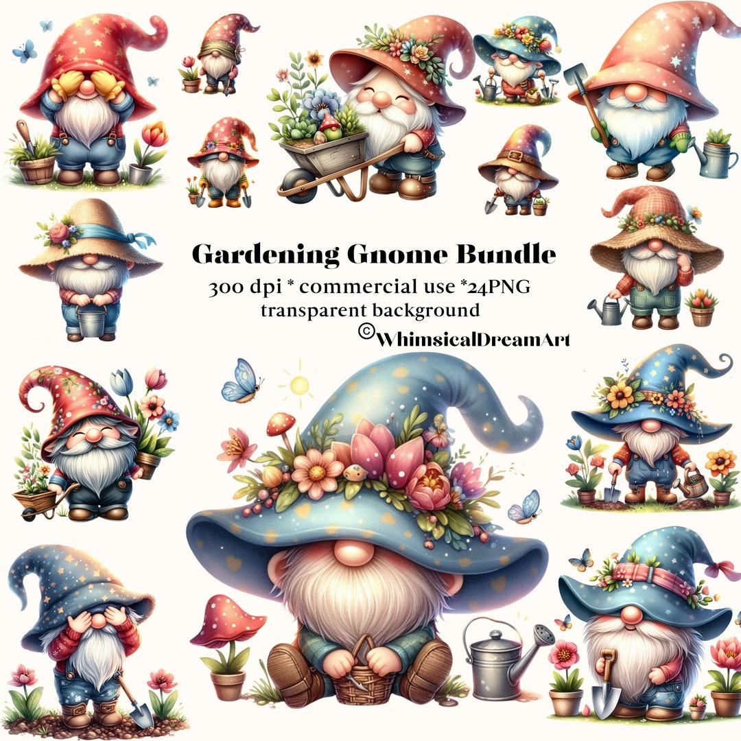 24 Garden Gnomes PNG Bundle Collection, Garden Clipart, Spring Gnome ...