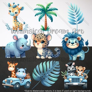 42 Watercolor Blue Safari Animal Clipart PNG Bundle, Baby Animal, Boy ...