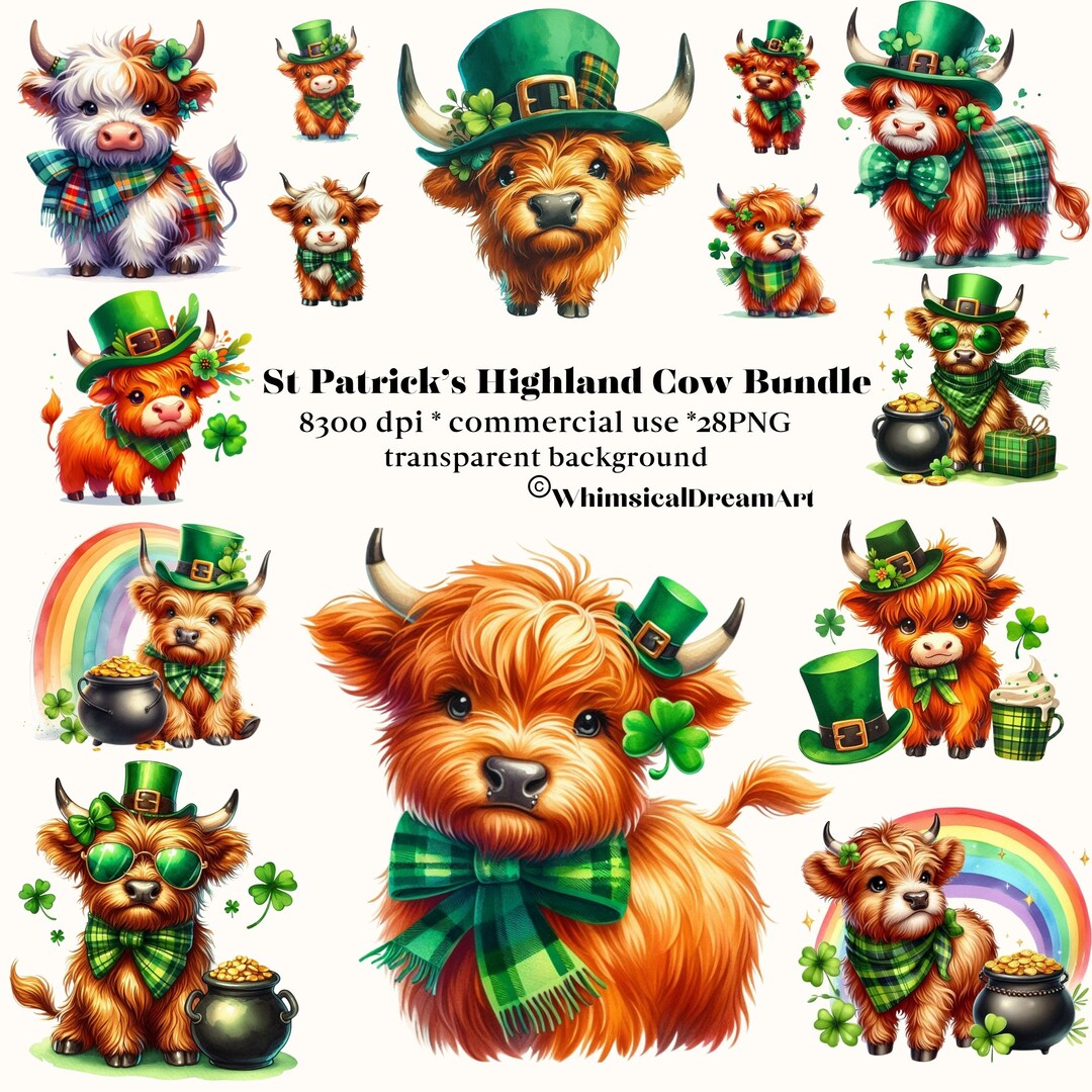28 Watercolor St. Patrick's Highland Cow Clipart Bundle, Garden Flower ...