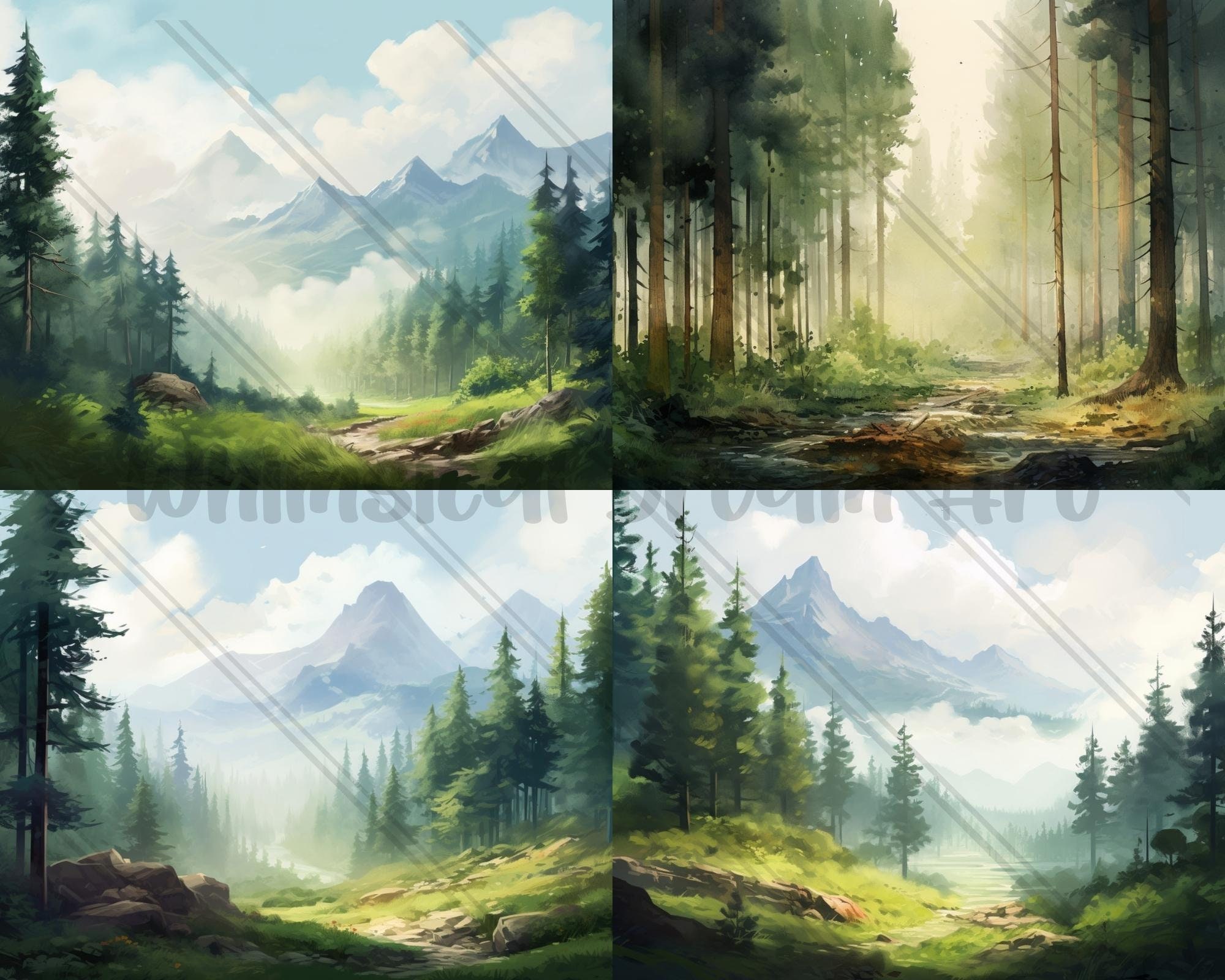 25 Forest Landscape Journal Paper, Notebook Digital Watercolor Woodland ...