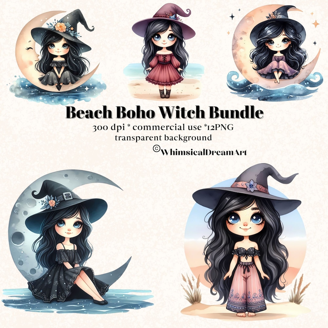12 Watercolor Cute Beach Boho Witch Clipart, Halloween Clipart Bundle ...