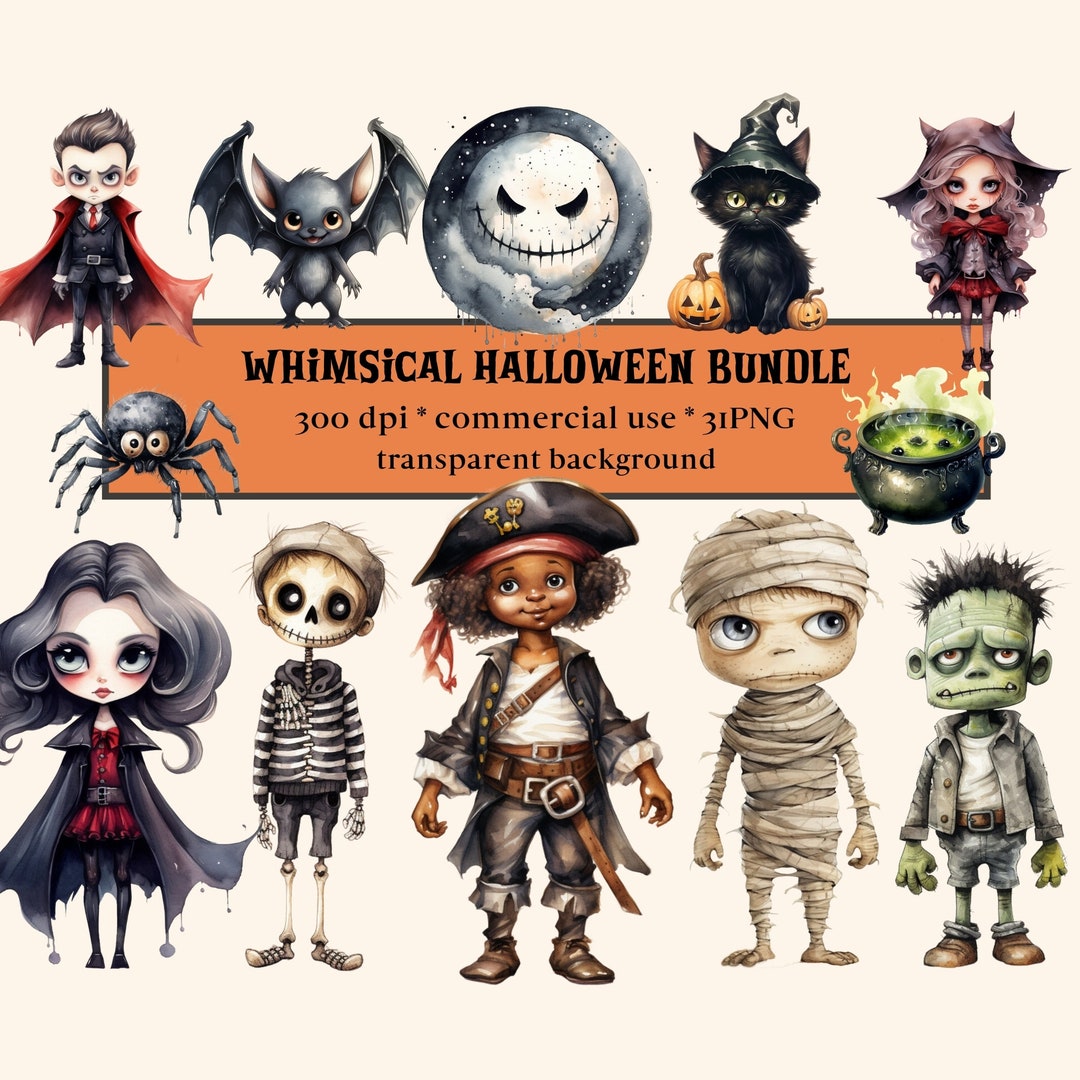 30 Whimsical Halloween Clip Art Pack, Spooky Clipart PNG, Mummy, Witch ...