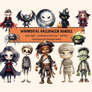30 Whimsical Halloween Clip Art Pack, Spooky Clipart PNG, Mummy, Witch ...