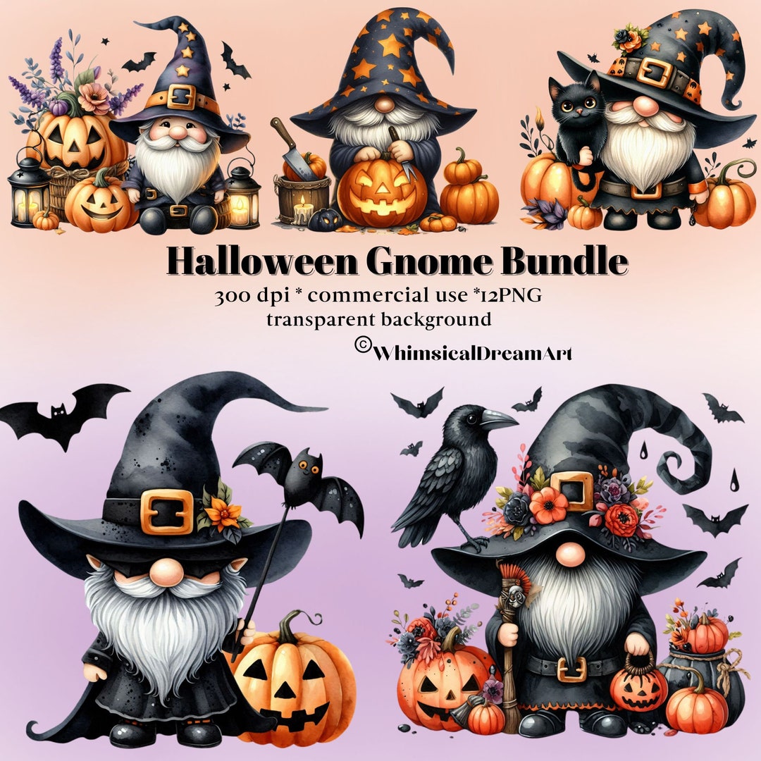 12 Watercolor Halloween Gnomes Collection Clipart, PNG Halloween ...