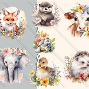 25 Watercolor Spring Flower Baby Animals Clipart - Animals With Floral ...