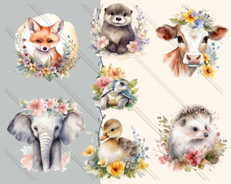 25 Watercolor Spring Flower Baby Animals Clipart Animals - Etsy