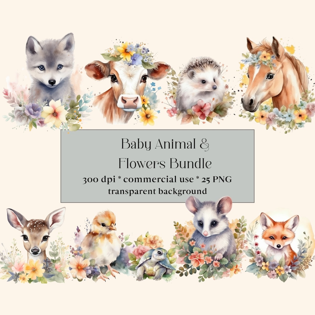 25 Watercolor Spring Flower Baby Animals Clipart - Animals With Floral ...