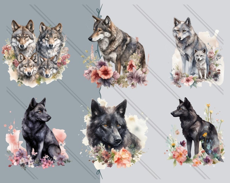 25 Wolf and Flower PNG Collection , Watercolor Wolves Pack, Wolf ...