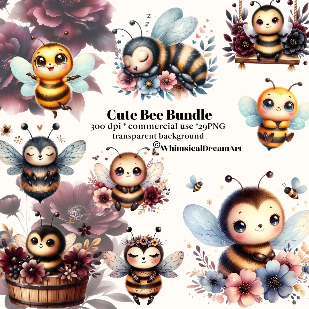 29 Cute Bee Watercolor Clipart Bundle, Cute Bee PNG, Spring, Summer ...
