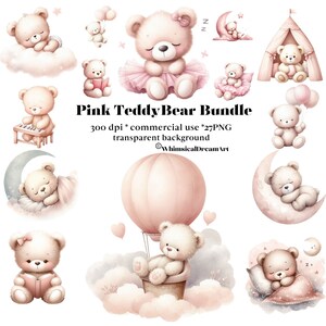 108 Watercolor Sleepy Teddy Bear Clipart, Baby Shower PNG, Vintage ...