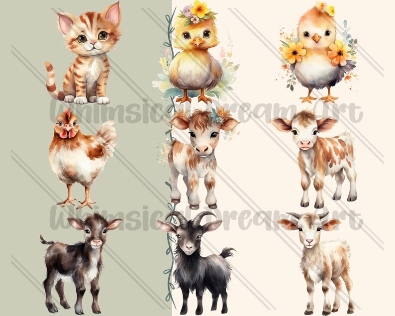 54 Watercolor Boho Farm Animal Clipart Cute Chickens, Chicks, Horses ...
