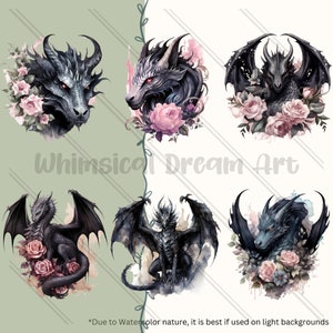 30 PNG Watercolour Gothic Dragons Clipart, Dark Fantasy Black Dragon ...