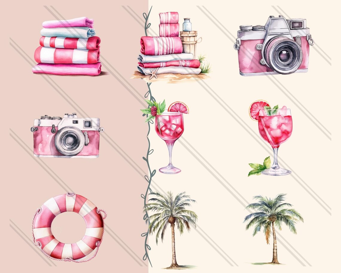 42 Pink Beach Bundle, Ocean Travel, Digital Beach Clipart, Watercolor ...