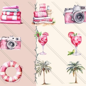 42 Pink Beach Bundle, Ocean Travel, Digital Beach Clipart, Watercolor ...