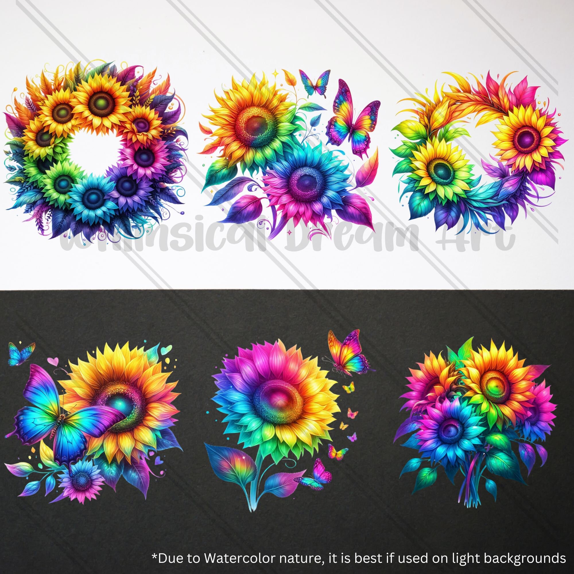 12 Watercolor Rainbow Sunflower Collection Clipart, Summer Sunflowers ...