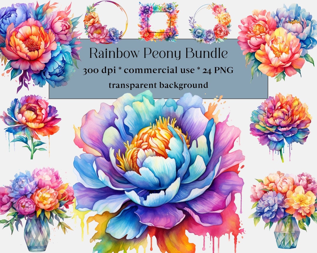 24 Watercolor Rainbow Peonies Clipart, Colorful Peony Clip Art Bundle ...