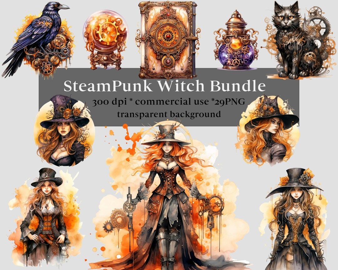 29 PNG Watercolor Steampunk Witch Clipart, Steampunk Witchcraft Black Cat, Raven, Spell Book ...