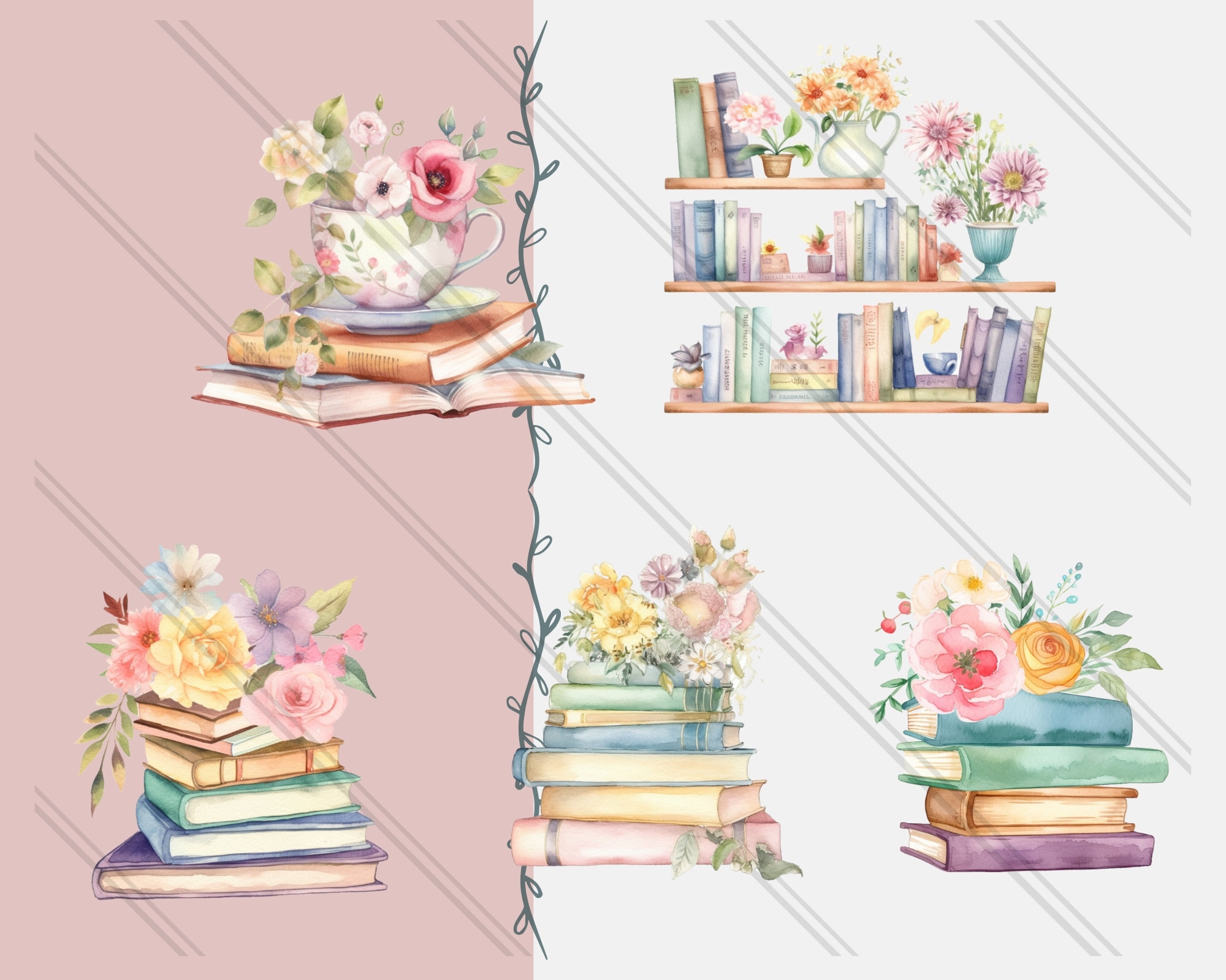 23 Watercolor Cottagecore Books and Flower Clipart Floral - Etsy