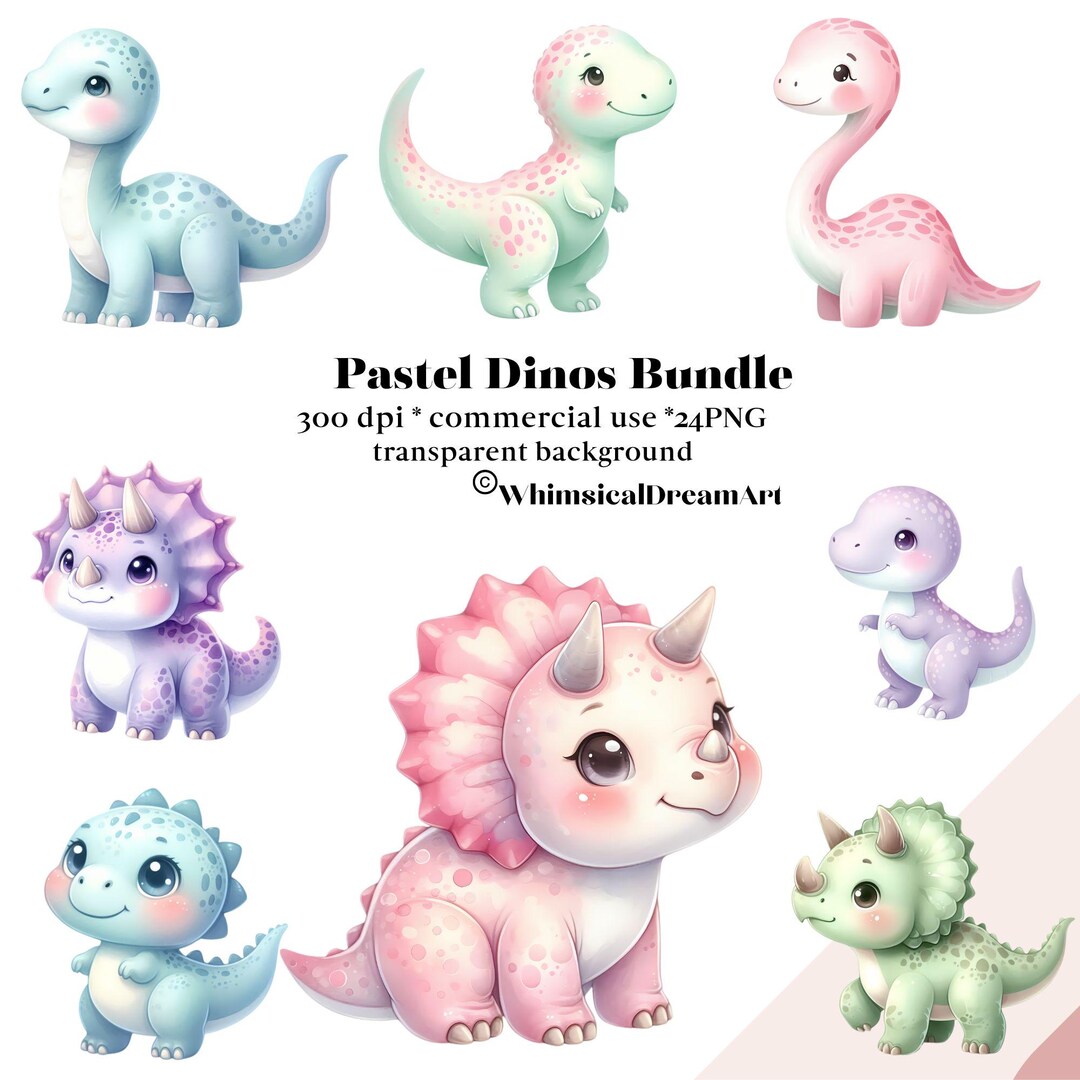 24 Watercolor Girl Dinosaurs Clipart, Girly Dino Theme Baby Party ...
