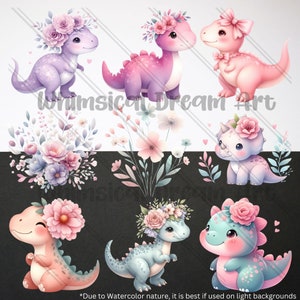 44 Watercolor Girl Dinosaurs Clipart, Girly Dino Theme Baby Party ...