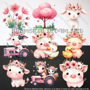 42 Watercolor Pink Farm Animal Clipart - Cute Chickens, Chicks, Horses ...