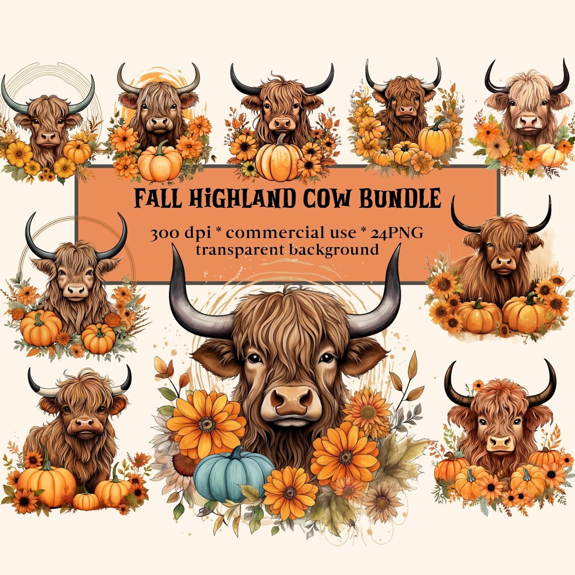 24 Watercolour Fall Highland Cow Clipart Bundle Pumpkins - Etsy