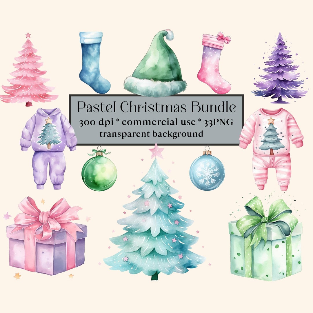33 Watercolor Pastel Christmas Clipart, PNG Digital Tree, Digital ...