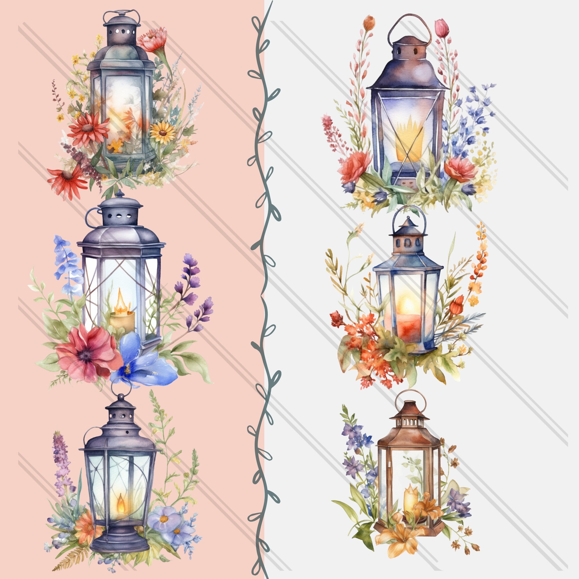 22 Watercolor Cottagecore Lantern Clipart Bundle Floral - Etsy